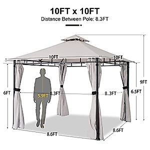 CHARMELEON 10x10ft Gazebo for Patio, Outdoor Gazebo with Curtains & Sandbags, Double Roof Tops Patio Gazebo, Waterproof Patio Canopy for Garden, Deck, Backyard (Light Grey)