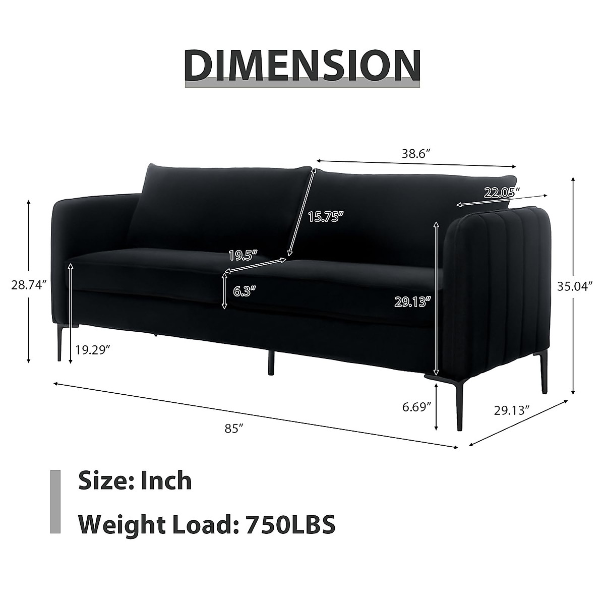 85 Inch Velvet Sofa, Mid Century Modern Comfy Upholstered Sofa Couch with Metal Legs 3 Seater Sofa High-Density Foam and 6.3 Inch Extra Thick Cushion Couch for Living Room Apartment（Black）