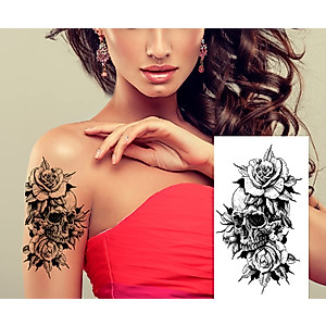 PADOUN Halloween Temporary Tattoo, 15-Sheet Black Skull Rose Flower Tattoos Temporary Realistic, Waterproof Girls Tattoos Temporary for Kids Adult