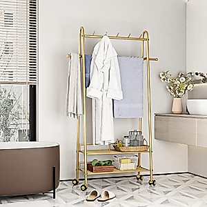 TIEOU Rolling Gold Clothing Rack, Gold Clothes Rack Heavy Duty, Clothing Rack for Hanging Clothes, Modern Clothing Rack, Coat Rack Stand, Gold Clothing Rack, Garment Rack, Pipe Clothing Rack, Gold