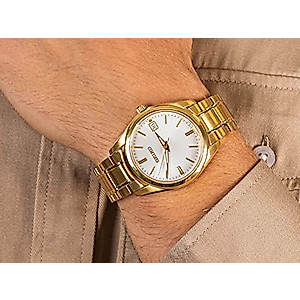 SEIKO SUR312 Watch for Men - Essentials Collection - White Dial, Date Calendar, LumiBrite Hands, Gold-Tone Stainless Steel Case & Bracelet, and 100m Water Resistant