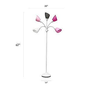 Simple Designs LF2006-WPG 67" Contemporary Multi Head Medusa 5 Light Adjustable Gooseneck White Floor Lamp with Pink, White, Gray Shades for Kids Bedroom Playroom Living Room Office, 30 x 10 x 67