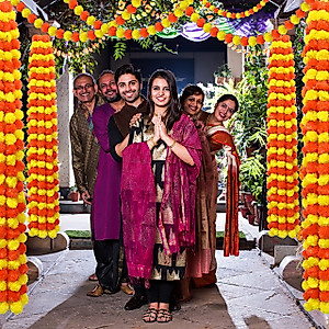 6 Pcs× 5 Feet Long Marigold Flowers Garland Bulk Indian American Wedding Party Mantel Decoration Artificial Dia de Los Muertos Decorations for Altar Faux Flower Garland for Diwali, Bush Floral Party