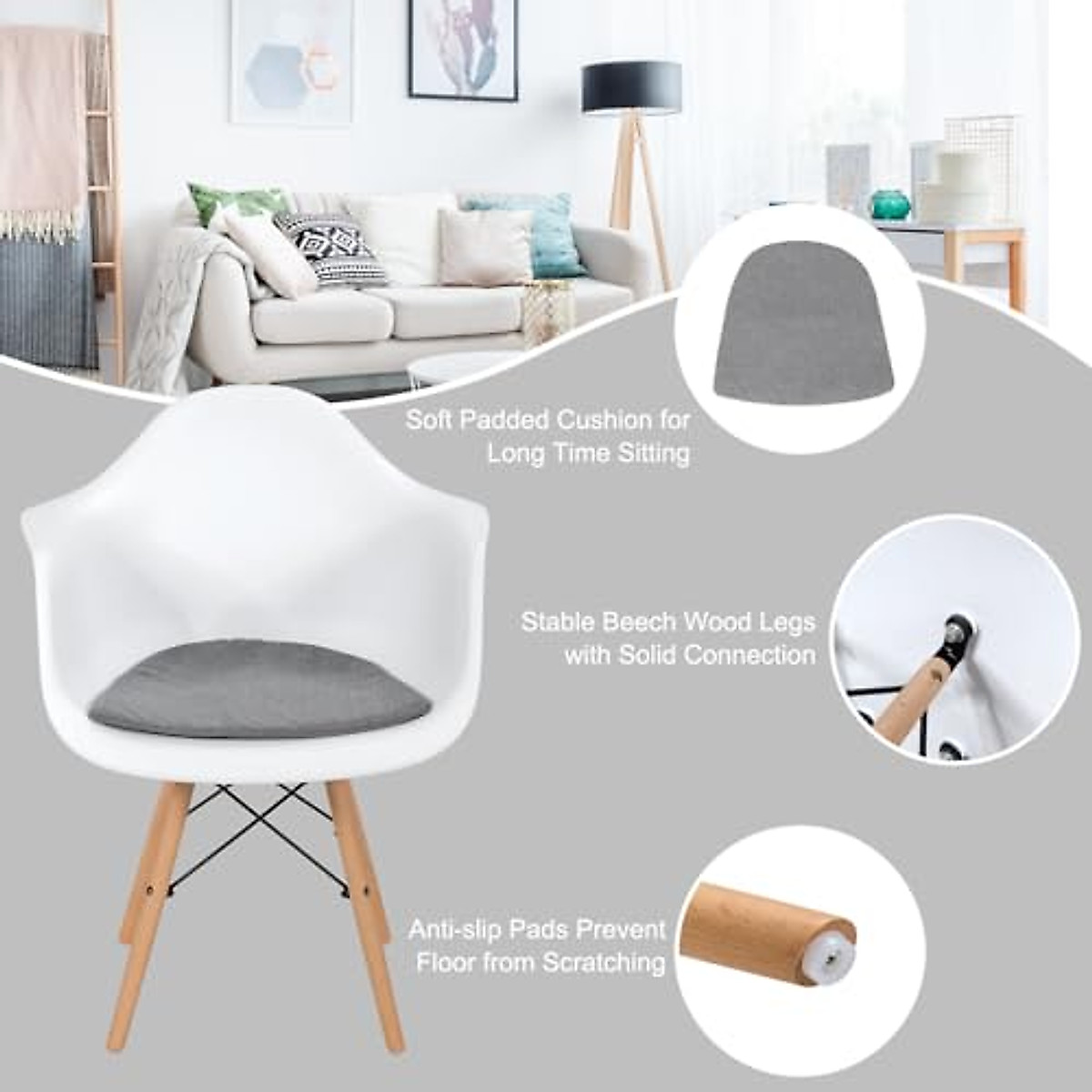 NAFORT Dining Table Chairs Set of 2, White Plastic Shell Chair with Wooden Legs, Backrest & Armrest, Mid Century Modern Style Dinning Chairs for Kitchen, Dining Room & Waiting Room, 2PCs