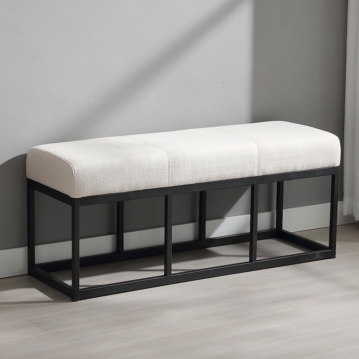 HNY Mid Century Modern Upholstered Kitchen Dining Bench Metal Entryway Bench Seat, 45 Inch Linen Tufted Bench Ottoman Indoor Window Bench for Bedroom End of Bed/Living Room/Mudroom/Narrow/, Cream