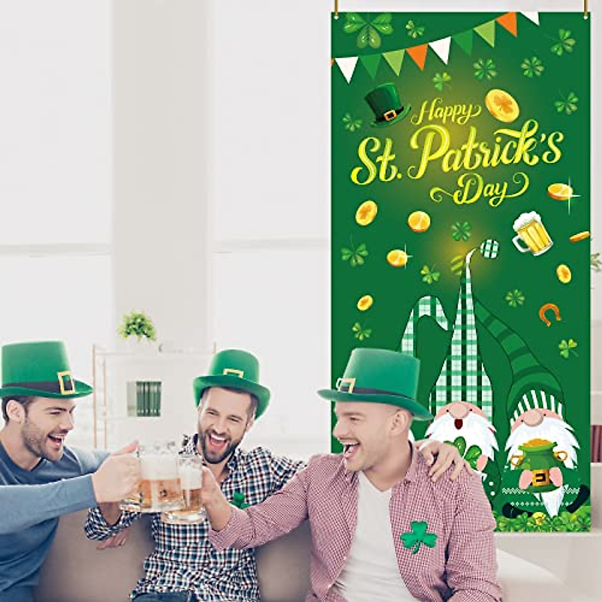 Happy St. Patrick's Day Door Cover Saint Patricks Gnome Banner Green Shamrock Decorations St Patricks Day Theme Banner Sign Irish Luck Day Outdoor Indoor Backdrop for Party Home Decorations Supplies