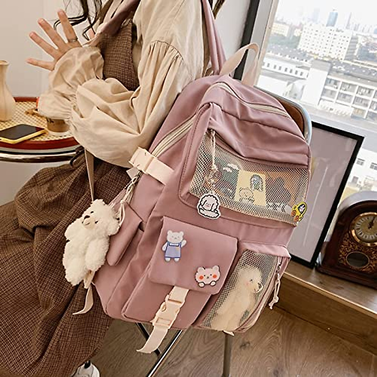 Zitouryo Girls Backpack with Cute Pin Accessories Plush Pendant Kawaii College Backpack Cute Aesthetic Backpack (Pink Backpack)
