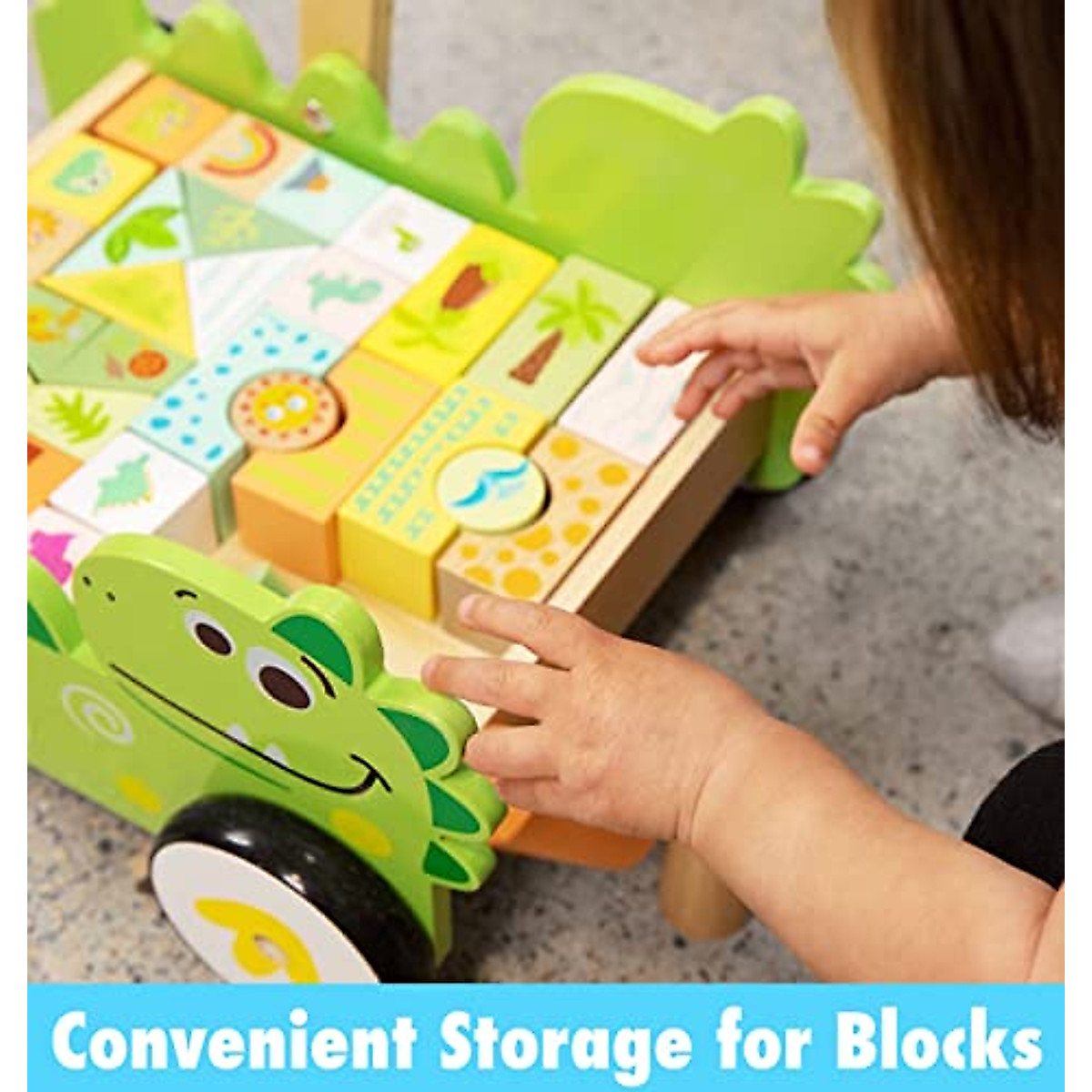 Pidoko Kids Wooden Baby Walker - Toys for 1 Year Old Boy Girl - Push Walker Toy for Babies - Includes Dinosaur Cart, 36 Pcs Building Blocks, Stacking Cups and Book - Learning Walker for Toddlers Gifts