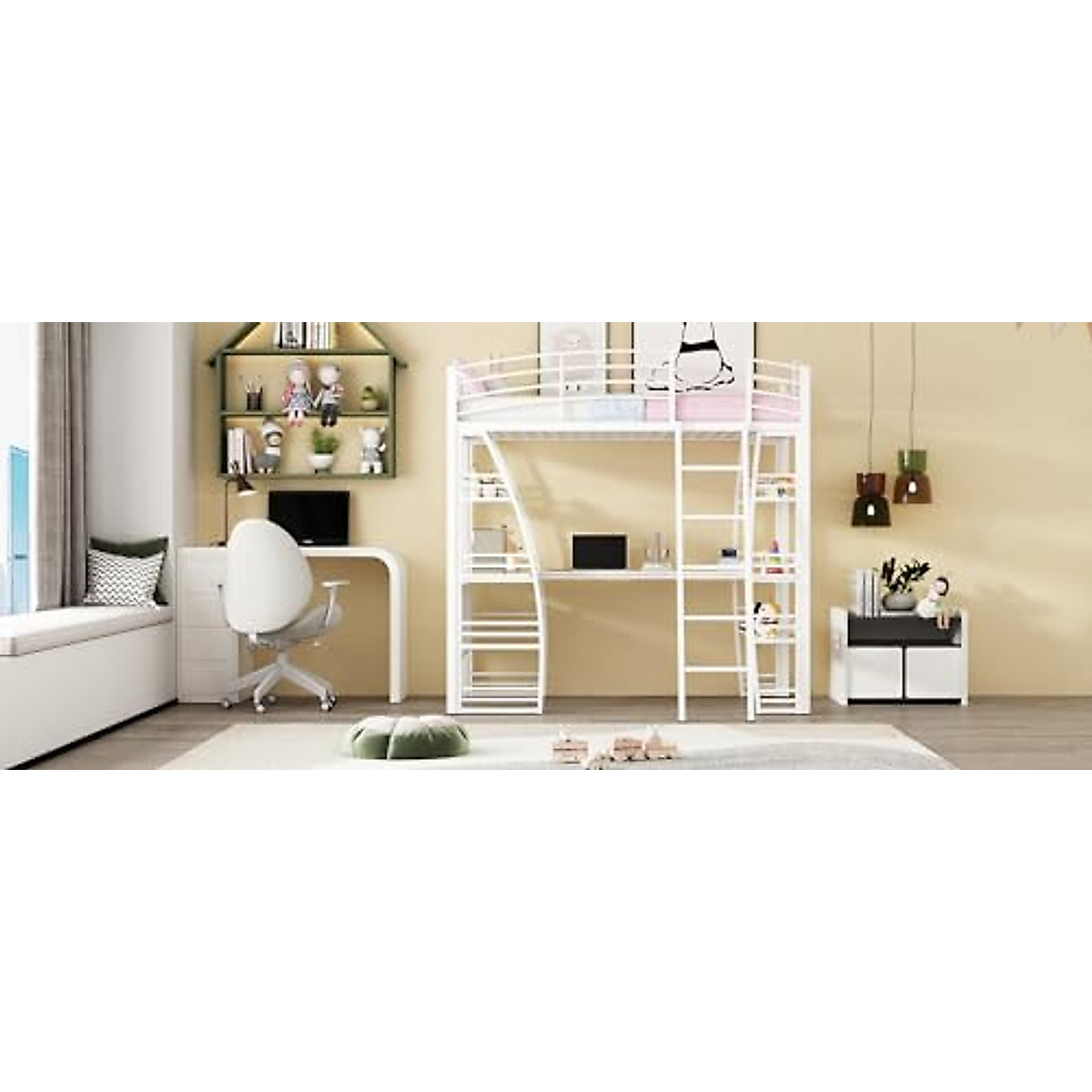 ALYSAHOME Twin Size Loft Bed with 4 Layers of Shelves and L-Shaped Desk, Stylish Metal Frame Bed with a Set of Sockets, USB Ports and and Wireless Charging, White