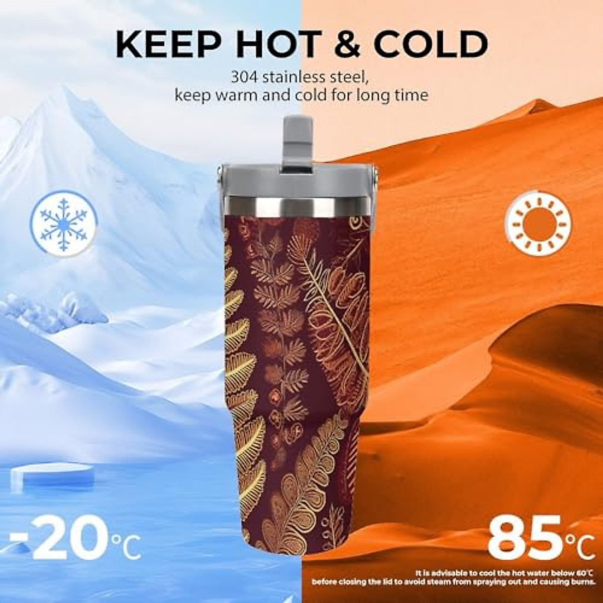 YTLKGFP 30 Oz Large Capacity Car Cup Maroon Gold Pattern Tumbler with Handle Straw Lid Insulated Stainless Steel Water Bottle Travel Mug Leak-proof Car Cup Keeps Cold Or Hot