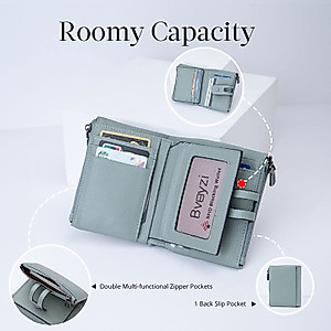 Bveyzi Small Soft Leather Wallet for Women RFID Blocking Ladies Card Holder with Double Zipper Pocket (Mint Green)