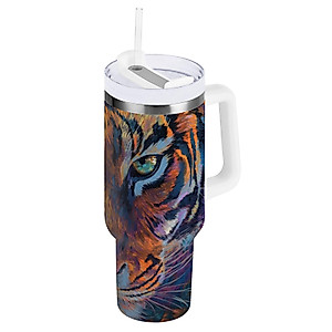 Msyxl 40 oz Insulated Stainless Steel Tumbler with Handle and Straw Lid - Leak-proof Coffee Mug for Men Women, Travel Mug Fits Cup Holder (Close-up Tiger Face)