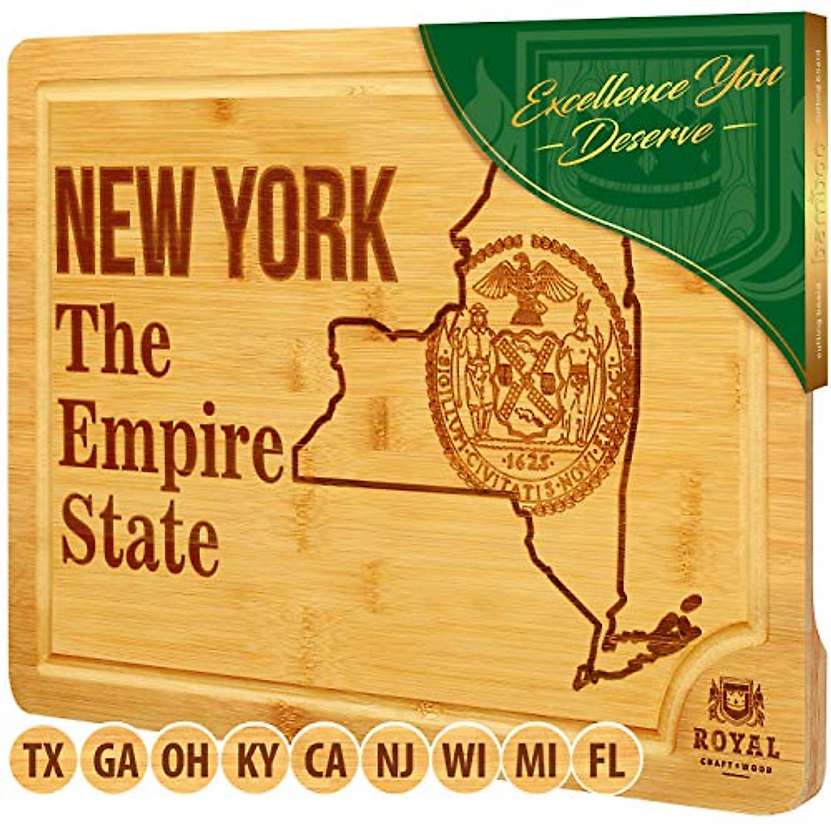 Bamboo State Cutting Board for Kitchen – New York Cheese Board, Charcuterie Platter & Serving Tray, (15" x 10")