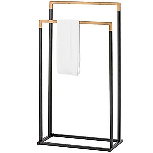 MyGift 33 Inch Black Chrome Plated Metal Freestanding Bathroom Towel Rack Stand with 2 Tier Bamboo Wood Bar, Laundry Room Drying Rack Stand
