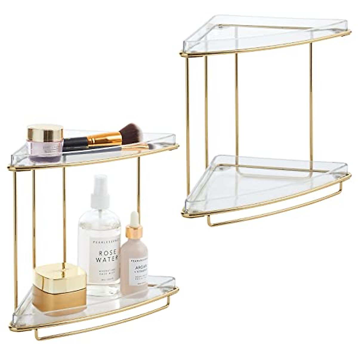 mDesign Steel/Plastic Freestanding Countertop Corner Shelf Organizer with 2-Tier Storage for Bathroom, Vanity, Cabinet, Counter - Holds Makeup, Bath Gel - Prism Collection - 2 Pack - Clear/Soft Brass