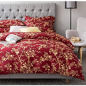 Eastern Floral Chinoiserie Blossom Print Duvet Quilt Cover Navy Blue Tan White Asian Style Botanical Tree Branches Ornamental Drawing 400TC Egyptian Cotton Bedding Set Garnet, Twin