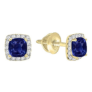Dazzlingrock Collection Each 4 mm Cushion Blue Sapphire & Round White Diamond Ladies Halo Stud Earrings, 10K Yellow Gold
