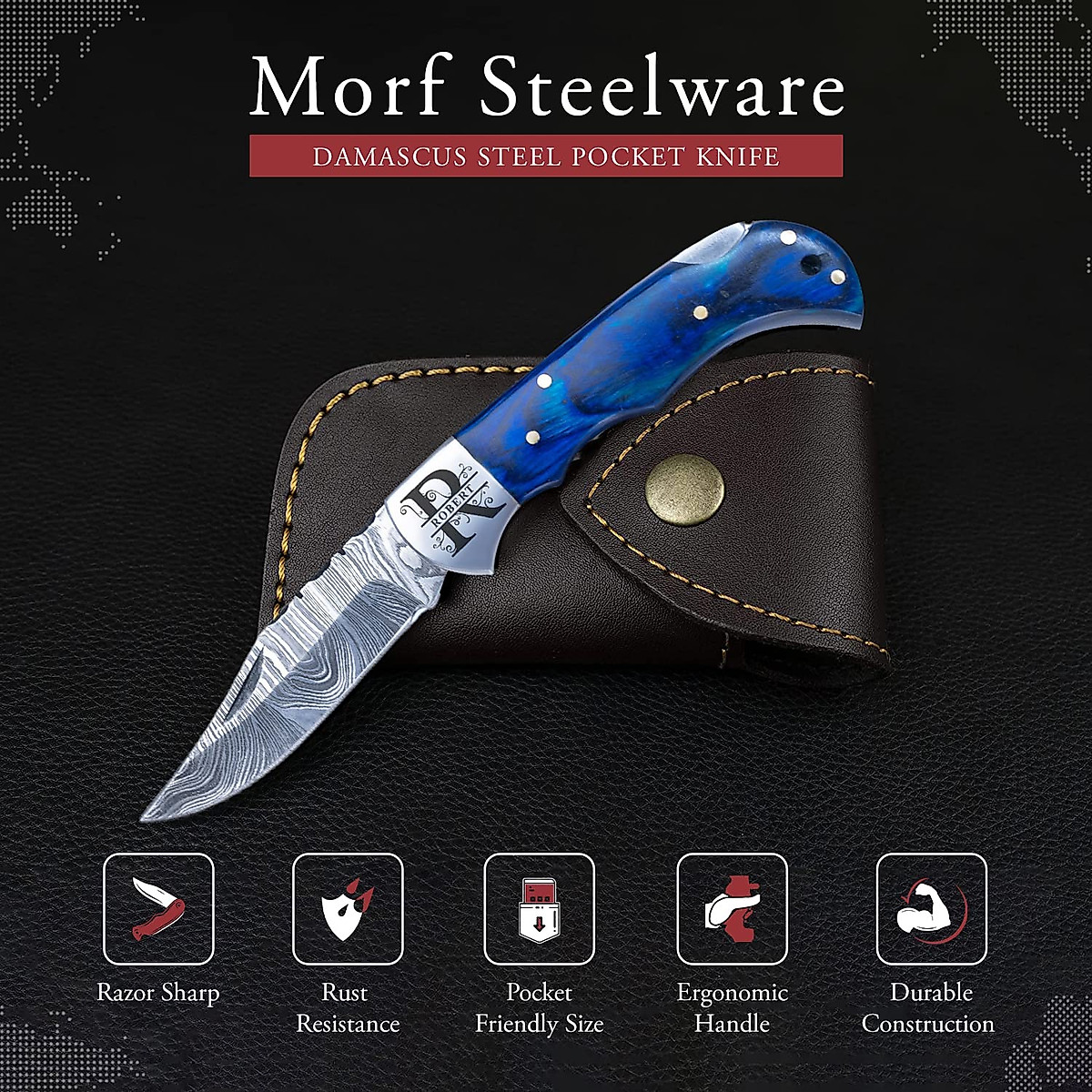 Morf Steelware Customized Damascus Steel Pocket Knife Handmade Folding Knives Small Pocket Knife for Outdoor, Camping, Hiking (Personalized Blue Pakka Wood)