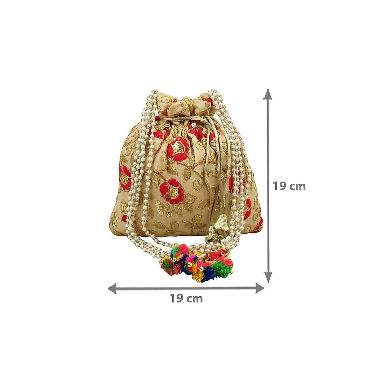 GoldGiftIdeas Ethnic Kuchhi Flower Embellished Potli Bags with Pearl Handle, Potli Bags for Return Gift, Bridal Potli Bags for Wedding,Shagun Potlies, Traditional Party Favor Bags (Set of 3)