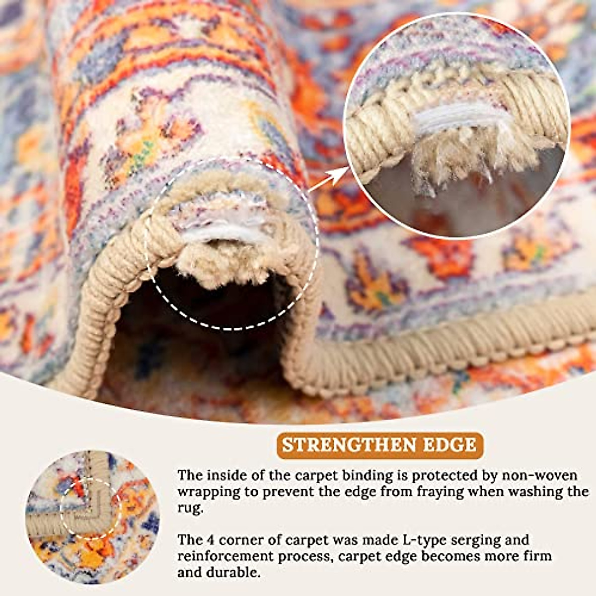 MUJOO Machine Washable Rugs 3x5 Boho Area Rug Small Area Rugs Non Slip for Entryway Bedroom Bedside Kitchen Hallway Living Room Laundry Room Persian Indoor Mat Soft Low-Pile Burnt Orange and Blue