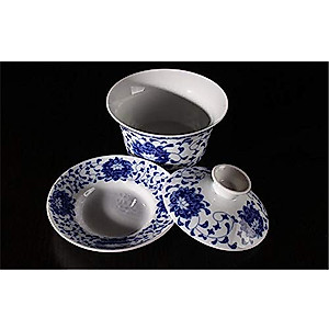 DELIFUR Jingdezhen Lotus Design Chinese Gaiwan Traditional Chinese Teaware China Traditional Blue and White Porcelain Large Gaiwan Kungfu Teacup (350 ml)
