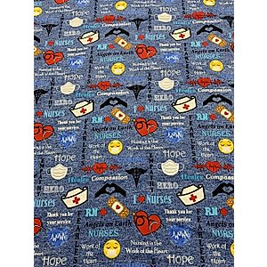 SYKEL ENTERPRISES Nurse Hero on Denim Design Quilting Cotton Fabric, 44 inches Wide, 100% Cotton, Sold by Yard, Blue, Plain, Angle Collection