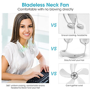MQUPIN Portable Neck Fan, Hands Free Bladeless Fan, Large Capacity Battery Operated 3 Wind Speed Personal Fan Adjustable,USB Rechargeable for Office,Camping, Hiking, Travel - White