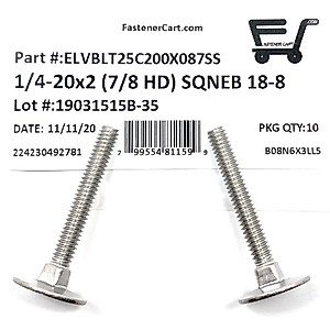 (10) 1/4-20x2 Stainless Steel Elevator Bolt Square Neck (7/8 Diameter Head) 18-8
