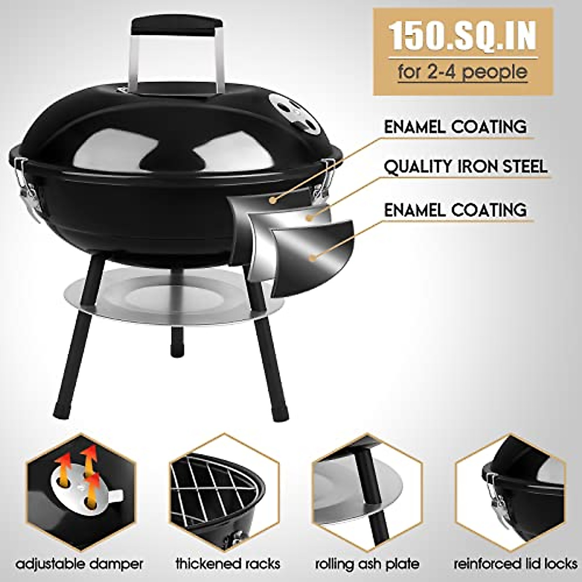 14 Inch Charcoal Grill, HaSteeL Portable & Mini BBQ Grilling Smoker, Great for Outdoor Cooking Backyard Garden Camping Picnic Barbecue, Enamel Black Lid, Plus a Screwdriver