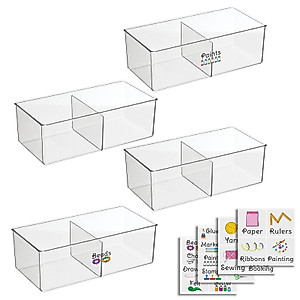 mDesign Plastic Craft & Sewing Storage Organizer Bin Box - 2 Divided Sections - Holder for Holds Paint, Colored Pencils, Glitter, Stickers, Glue, Yarn - 4 Pack + 24 Adhesive Labels - Clear
