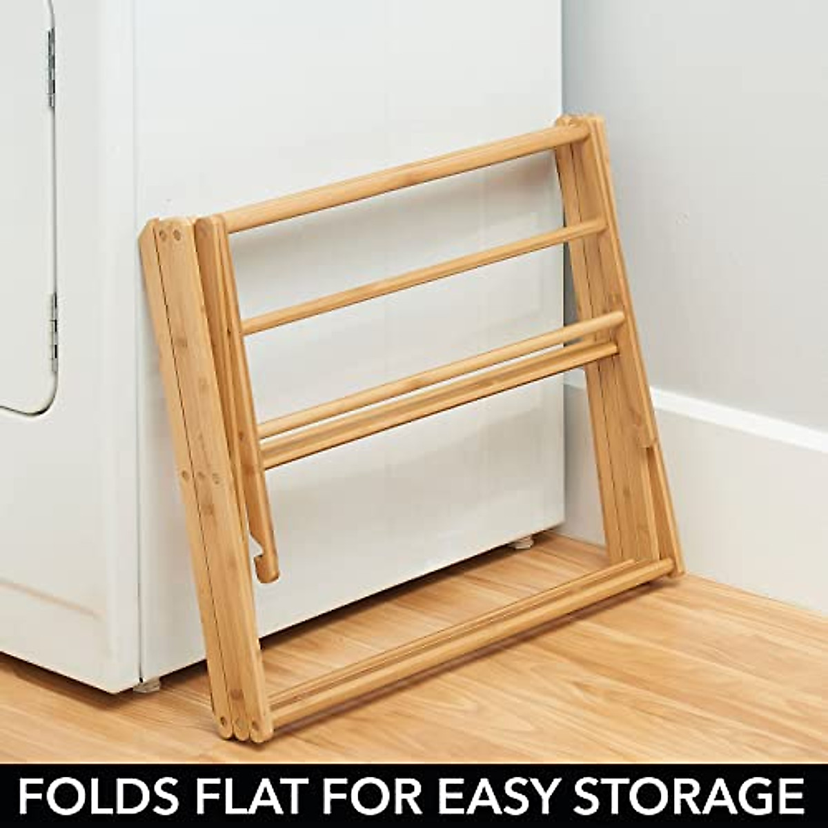 mDesign Bamboo Tall Vertical Portable, Collapsible, Foldable Laundry Drying Rack - for Laundry Room, Bathroom, Kitchen - to Dry Clothes, Towels - Echo Collection - Natural