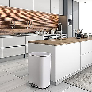 Arlopu 8/13.2 Gallon Step Trash Can, Stainless Steel Garbage Bin, Soft-Close Rubbish Bin with Removable Plastic Inner Bucket, Fingerprint-Proof, Lid Dustbin, Suit for Kitchen Home (White, 50L)