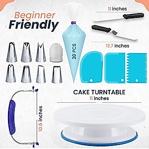 RFAQK 35PCs Cake Turntable and Leveler-Rotating Cake Stand with Non Slip pad-7 Icing Tips and 20 Bags- Straight & Offset Spatula-3 Scraper Set -EBook-Cake Decorating Supplies Kit -Baking Tools