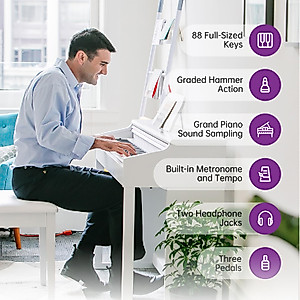 The ONE Digital Piano with Lighted-up Teaching Keys, Piano Keyboard 88 Keys with Hammer Action for Beginner/Professional, Full Size Weighted Keyboard with Piano Stand/3-Pedal Unit/APP, White