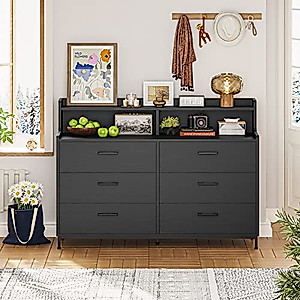 Hasuit 6 Drawers Double Dresser with Shelves, Large Wooden Storage Tower Organizer, Wide Chest of Drawers, Black Dresser for Bedroom, Living Room, Entryway