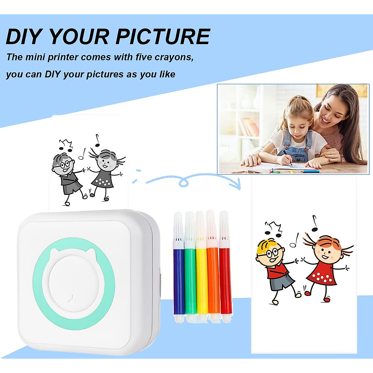 Portable Pocket Printer, Mini Bluetooth Thermal Mobile Printers with 10 Rolls Printing Paper and 5 Colored Pens Compatible with Android iOS, Inkless Printing Gift for Study Office Receipt Photo Notes