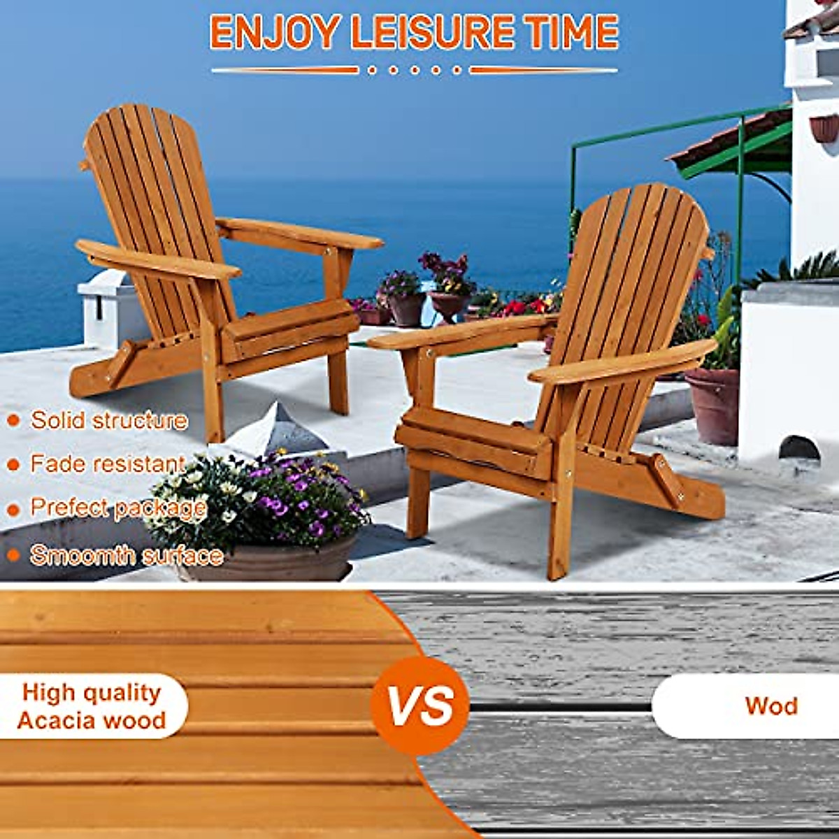 Adirondack Chair Weather Resistant Patio Chairs Folding Outdoor Chair w/Long Arms Solid Wooden Heavy Duty Reclining Fire Pit Chair for Deck, Lawn, Backyard, Garden - Natural