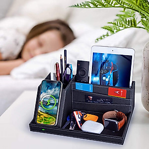 Valet Tray, Built in Wireless Charging Pad, Nightstand Organizer, Dresser Organizer, Mens Jewelry Box, Valet Charging Station, Faux Leather Valet Tray for Men and Women (Black+Wireless)