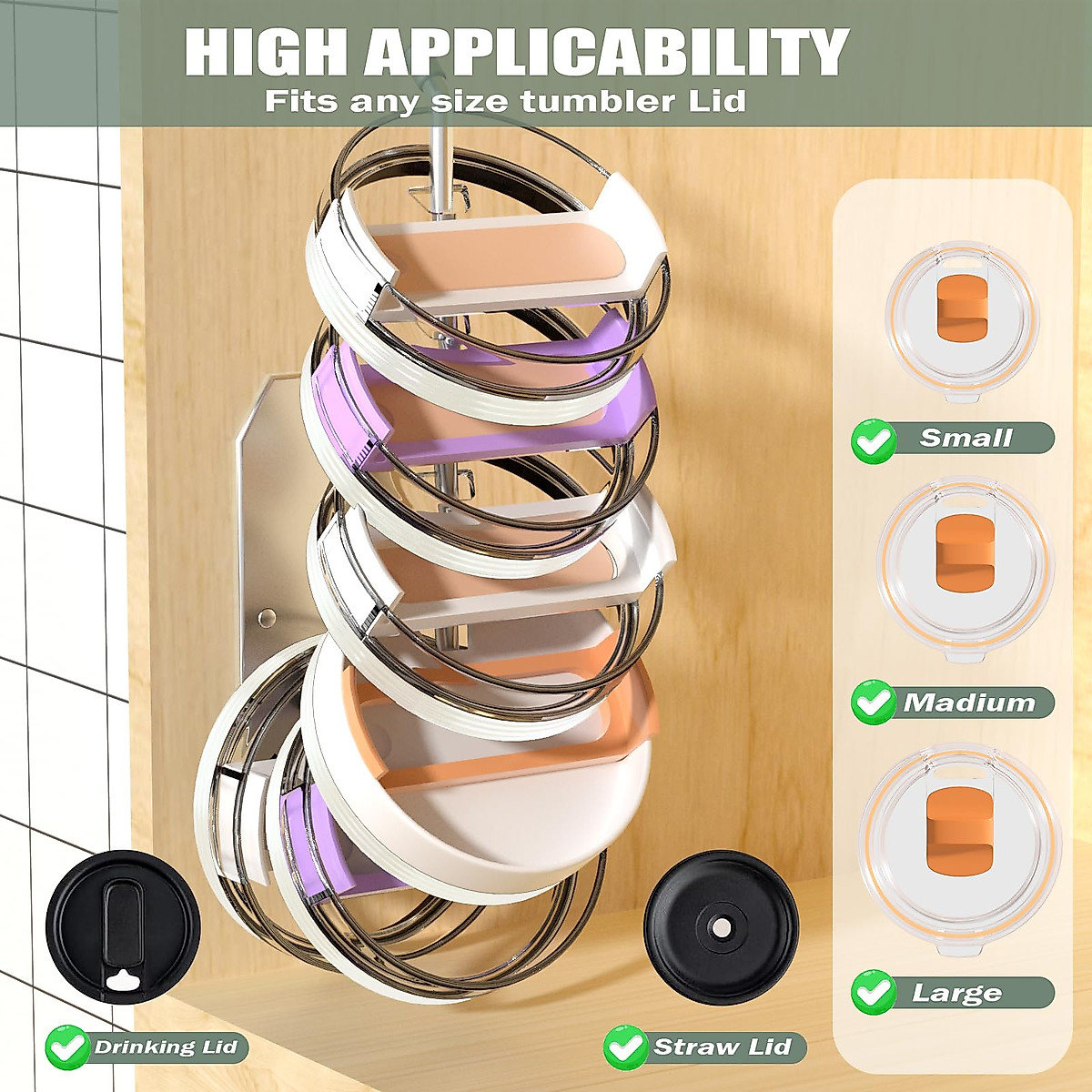 2 Pack Upgraded Tumbler Lid Organizer, 8.5" Adjustable Swivel Hook for Yeti Tumbler/Stanley Tumbler/Owala Tumbler Lid, Self-Adhesive or Drilling Tumbler Lid Hook for Kitchen Organizers and Storage