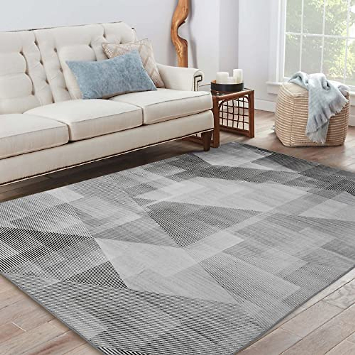 RUGSREAL Washable Rug for Living Room Modern Geometric Indoor Area Rug Stain Resistant Non-Slip Low-Pile Contemporary Area Rug for Bedroom Home Office, 8' x 10' Grey