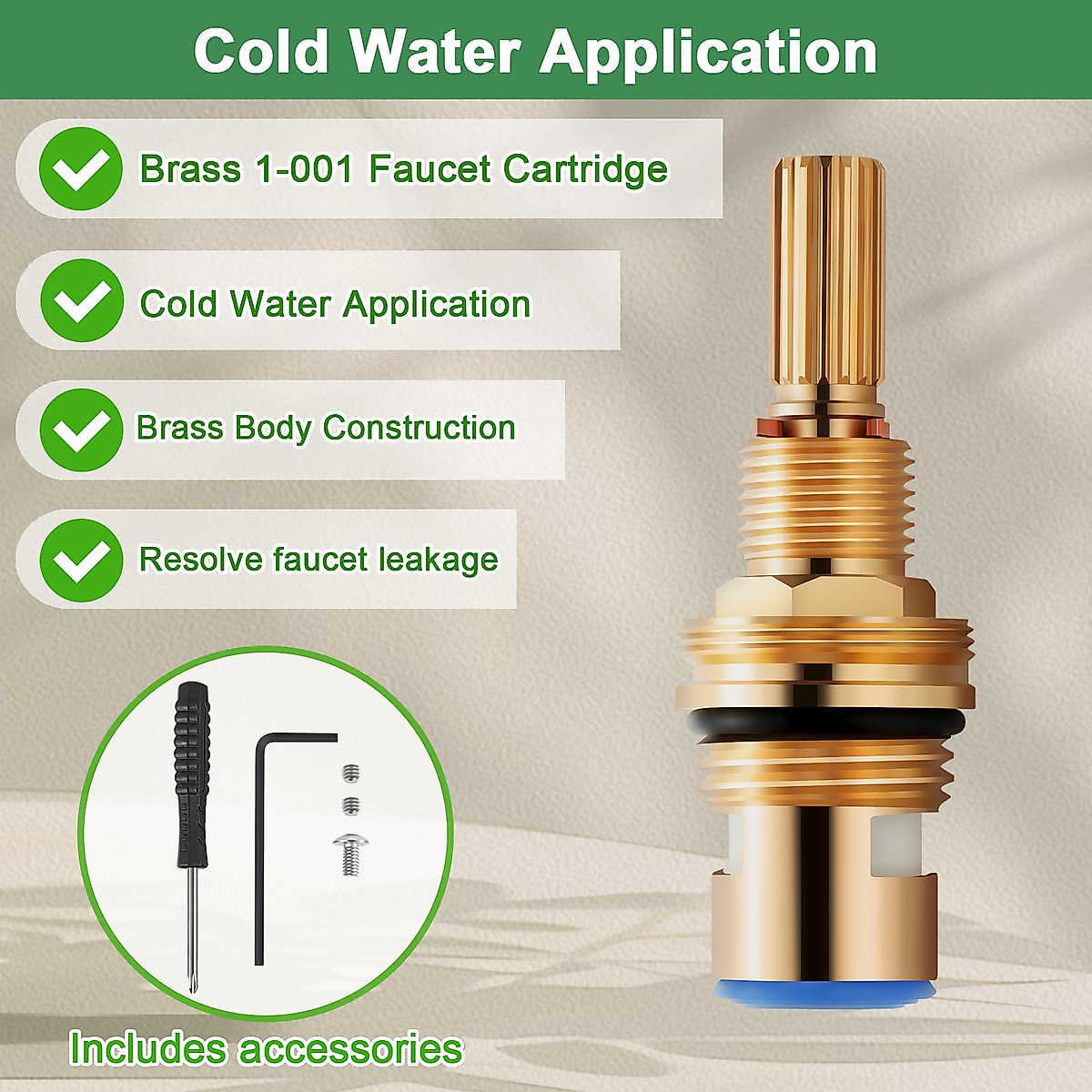 Brass 1-001 Cold Cartridge, Compatible With Brass 1-001 Cartridge, Faucet Cartridge for Bathroom Basin Faucet, Brass Constructio (1-001 Cold Cartridge)
