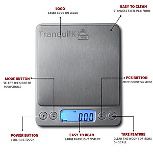 Tranquilk Digital Food Kitchen Scale with 2 Trays 3000g/0.1g High Accuracy Mini Digital Food Scale Measures in Grams and oz for Cooking, Baking,Jewelry, LCD Display (Batteries Included), Silver