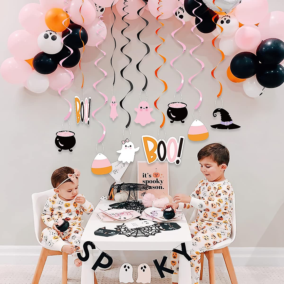 20Pcs Halloween Party Hanging Swirl,Cute Pink Ghost Sugar Bat Boo Ceiling Hanging Streamers for Halloween Baby Shower,Kids Halloween Birthday Themed Party,Halloween Party Swirl Decorations