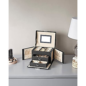 SONGMICS 3-Tier Jewelry Box, Travel Jewelry Case with Handle, 2 Drawers, Lockable Jewelry Organizer with Mirror, Jewelry Storage, Modern Style, Gift for Loved Ones, Black UJBC154B01