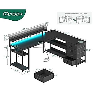 AODK 61" L Shaped Desk with Drawer, Computer Desk with Power Outlets & LED Lights, Reversible Corner Gaming Desk for Home Office Workstation, Office Desk with Monitor Shelf, Pure Black