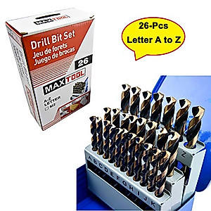MaxTool 26 Pieces Drill Set 26PCs/26-Piece Twist Drill Bit Set High Speed Steel M2 Fully Ground Letter A to Z; JBS02H10R26
