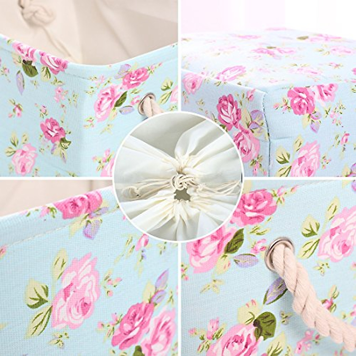 uxcell Storage Basket Bin for Toys Clothes, Collapsible Canvas Fabric Laundry Basket Box with Drawstring Closure & Carry Handles, Floral (Large - 17.7"x13.8"x9.8")