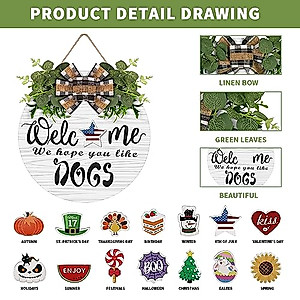 Interchangeable Wooden Seasonal Welcome Sign, Rustic Round Dogs Sign Front Door Wreaths for Home/Wall/Porch/Farmhouse Decor, for Easter Spring Summer Fall Halloween Christmas All Season Decorations