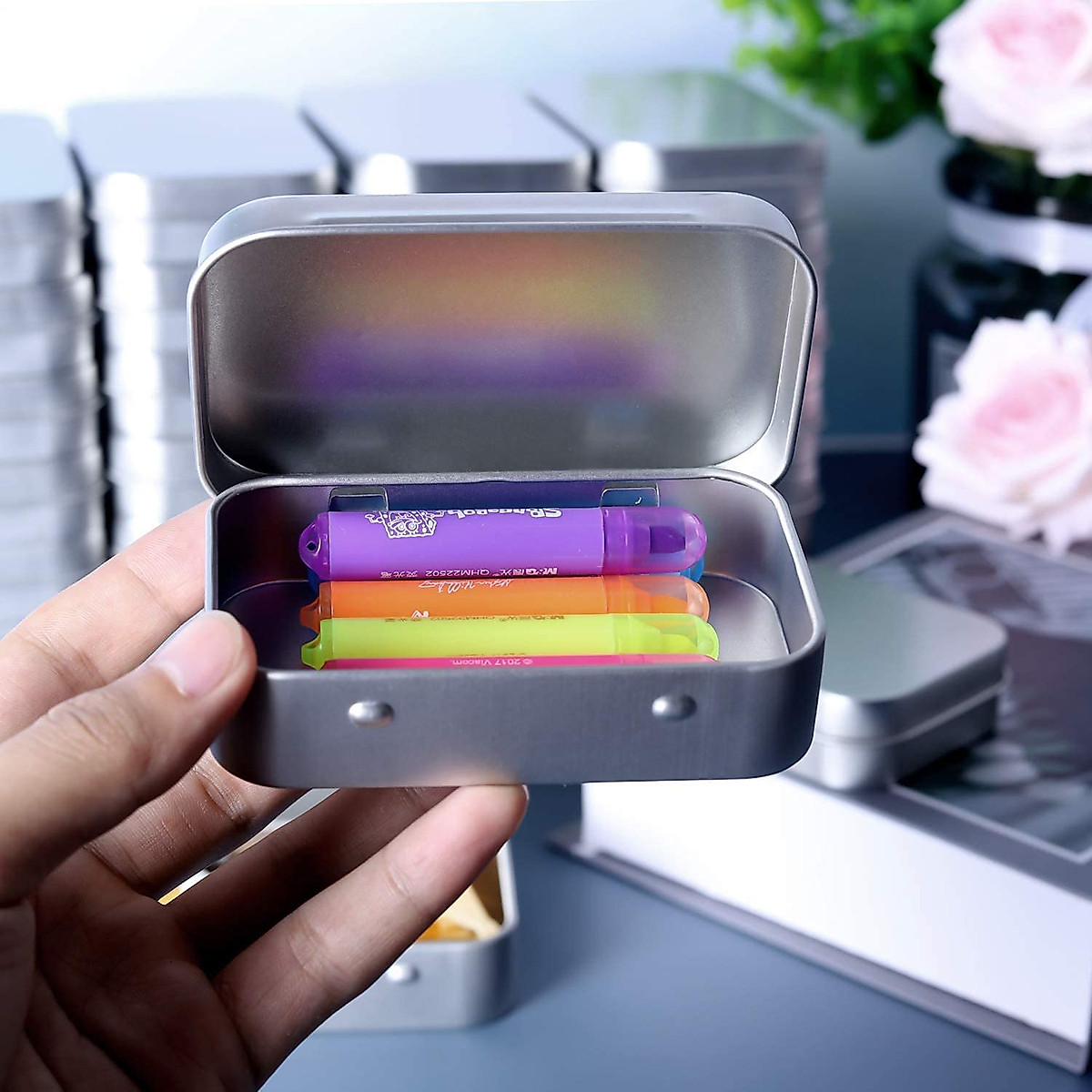 Tamicy Metal Rectangular Empty Hinged Tins - Pack of 80 （Silver 40+Black 40 Mini Portable Box Containers Small Storage Kit & Home Organizer small tins with lids craft containers 3-1/2''X2-1/2''X4/5''