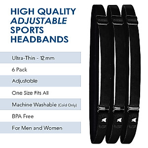 Athlé Adjustable Skinny Headbands for Women and Men - 6 Pack - Elastic Hair Bands with Non Slip Silicone Grip - Lightweight and Comfortable Adjustable Thin Headbands